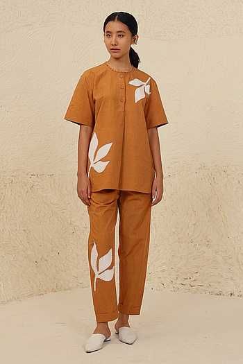 Buy Beige Cotton Poplin Embroidery Floral Zuri Work Top And Trouser Set ...