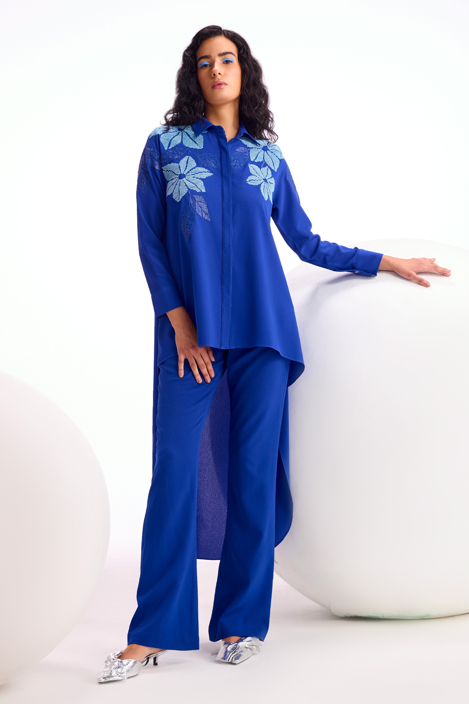 Buy Blue Textured Crepe Embellished Floral Collar Alder Long Back Tunic ...