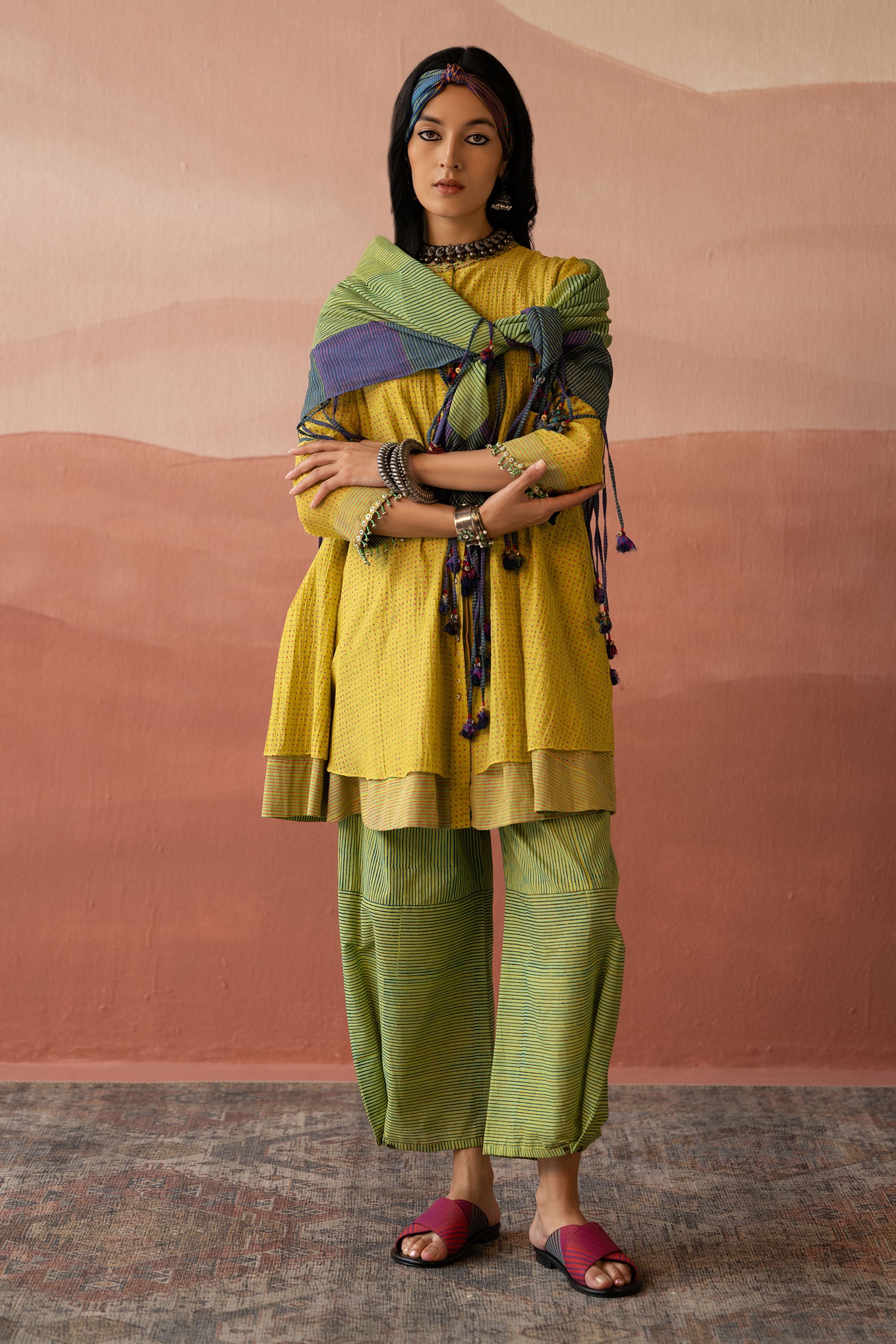 Buy Multi Color Stripe Sami Hand Block Print Scarf by Swatti Kapoor ...