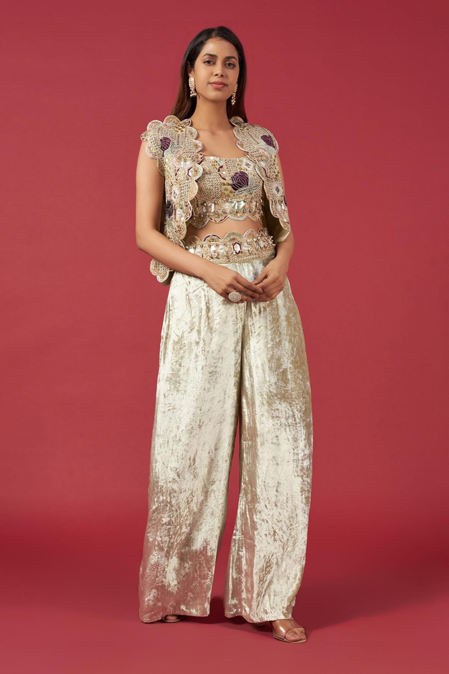 Buy Green Georgette Embroidered Bustier Scalloped Jacket And Palazzo ...