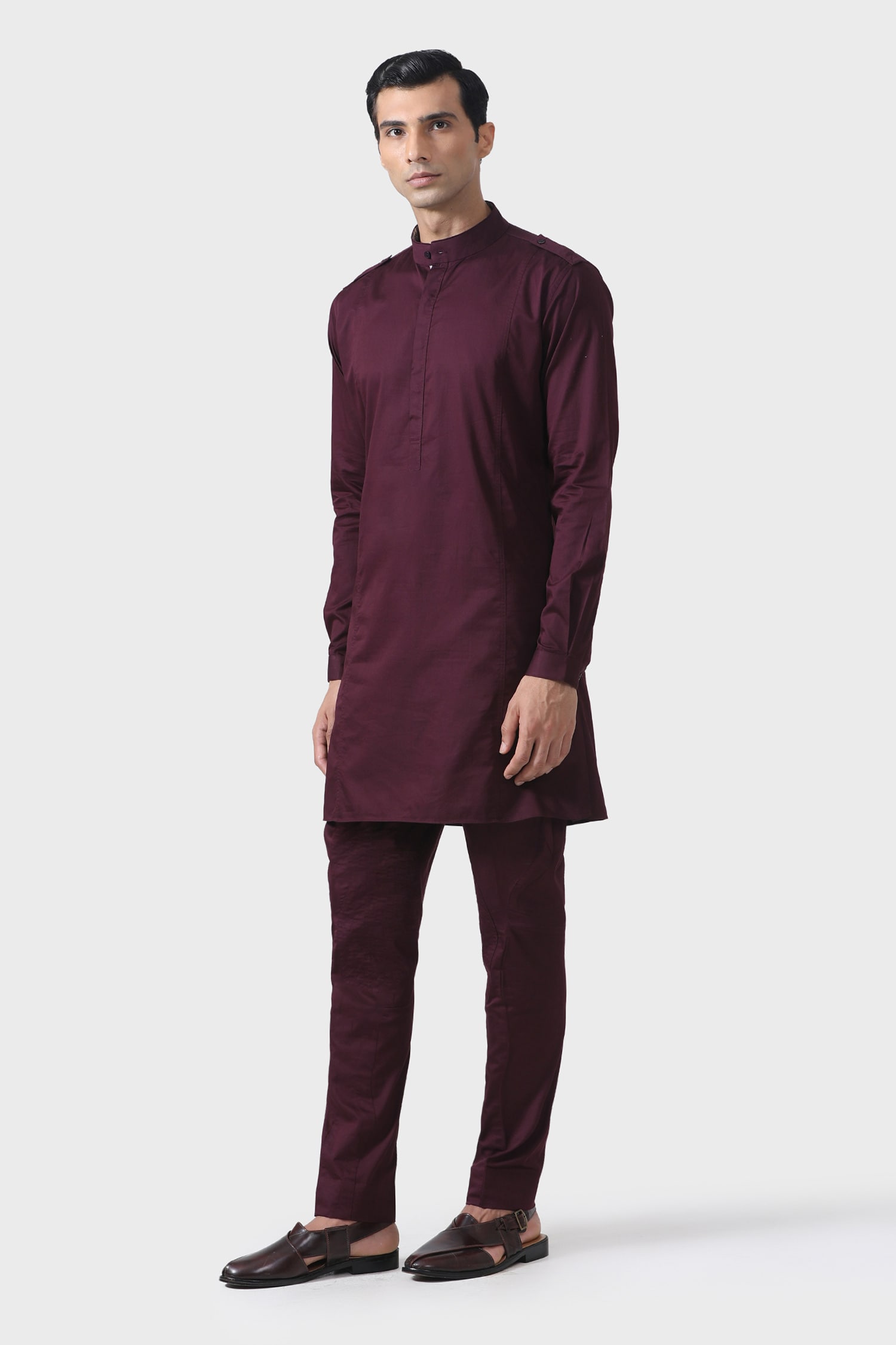 Buy Maroon Cotton Solid Elite Bespoke Pathani Kurta For Men by ...