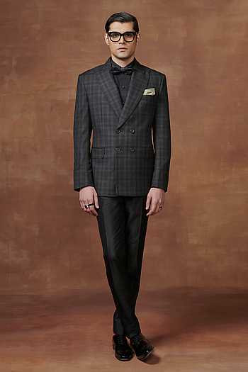 Buy Black Wool Checkered Pattern Double Breasted Tuxedo Jacket For Men ...
