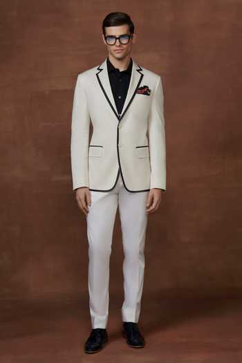 Buy Cream Cotton Contrast Border Lapel Collar Tuxedo Jacket For Men by ...