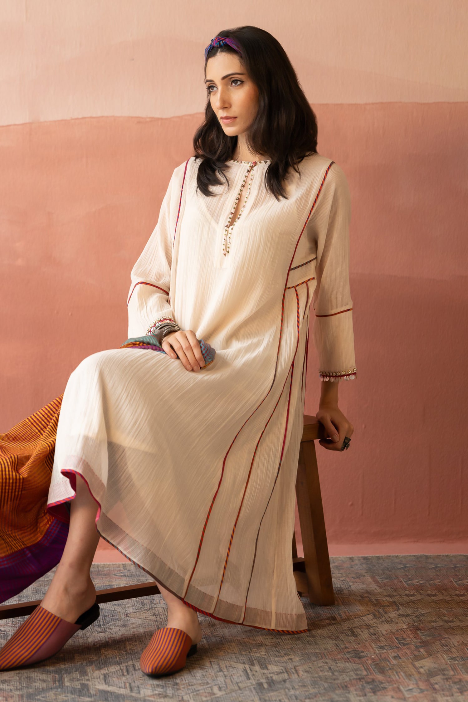 Buy White Striped Chanderi Solid Round Kafil Neck Kurta For Women by Swatti Kapoor Online at Aza ...