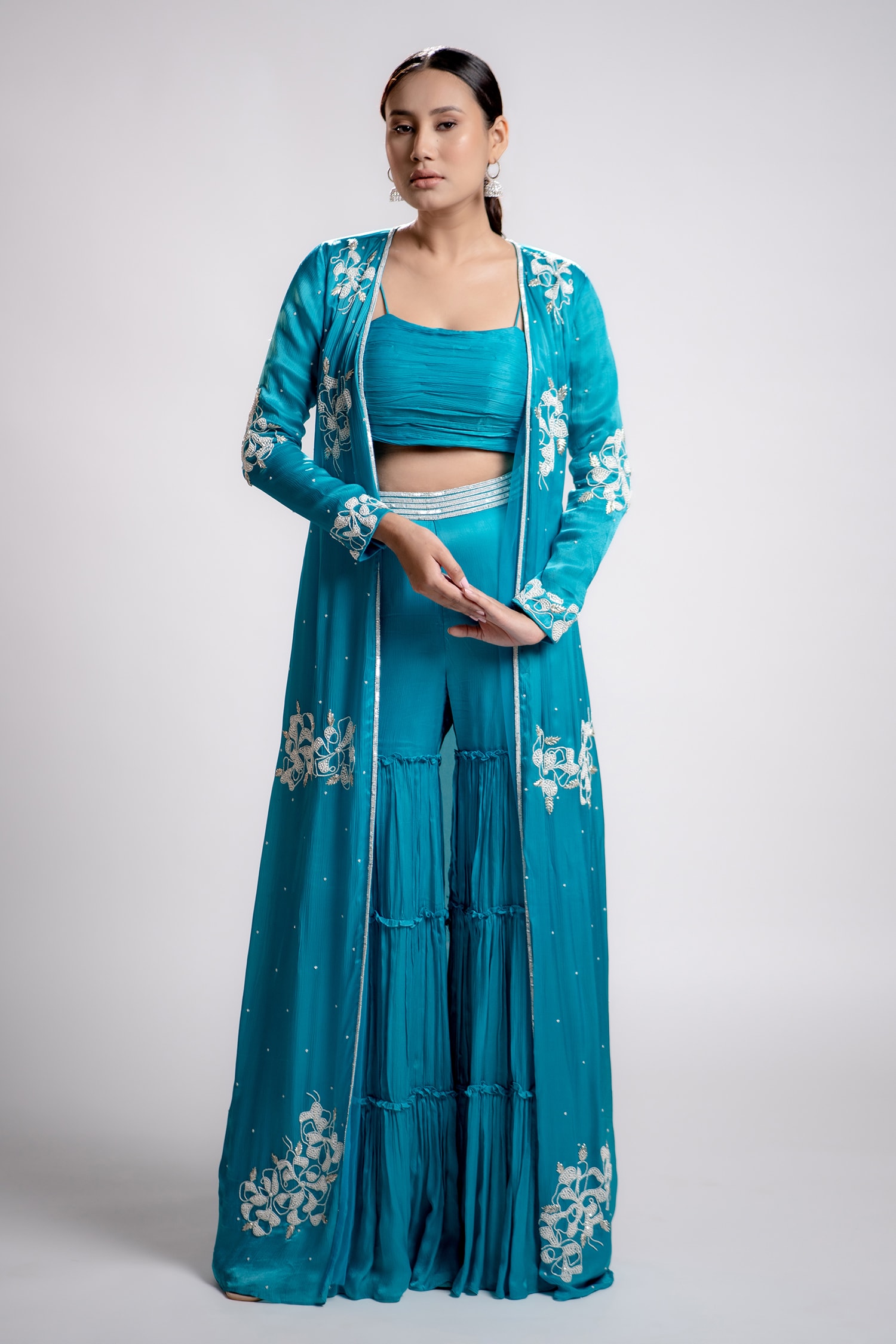 Buy Blue Satin Chiffon Embroidered And Pearl Floral Jacket Sharara Set ...