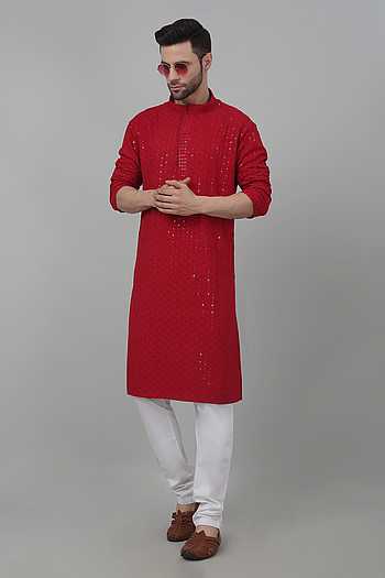 Buy Red Cotton Embroidered Thread And Sequin Work & Kurta Set For Men ...