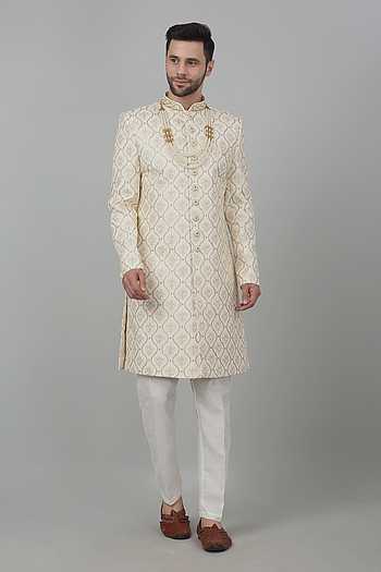 Buy Ivory Cotton Embroidered Thread Suryamukh Sherwani Set For Men by ...