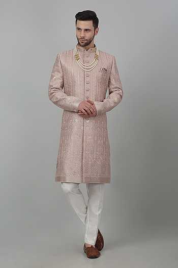 Buy Pink Cotton Embroidered Thread Gulposh Sherwani Set For Men by Aham ...