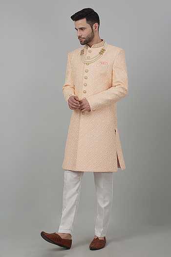 Buy Peach Cotton Embroidered Thread Seher Sherwani Set For Men by Aham ...