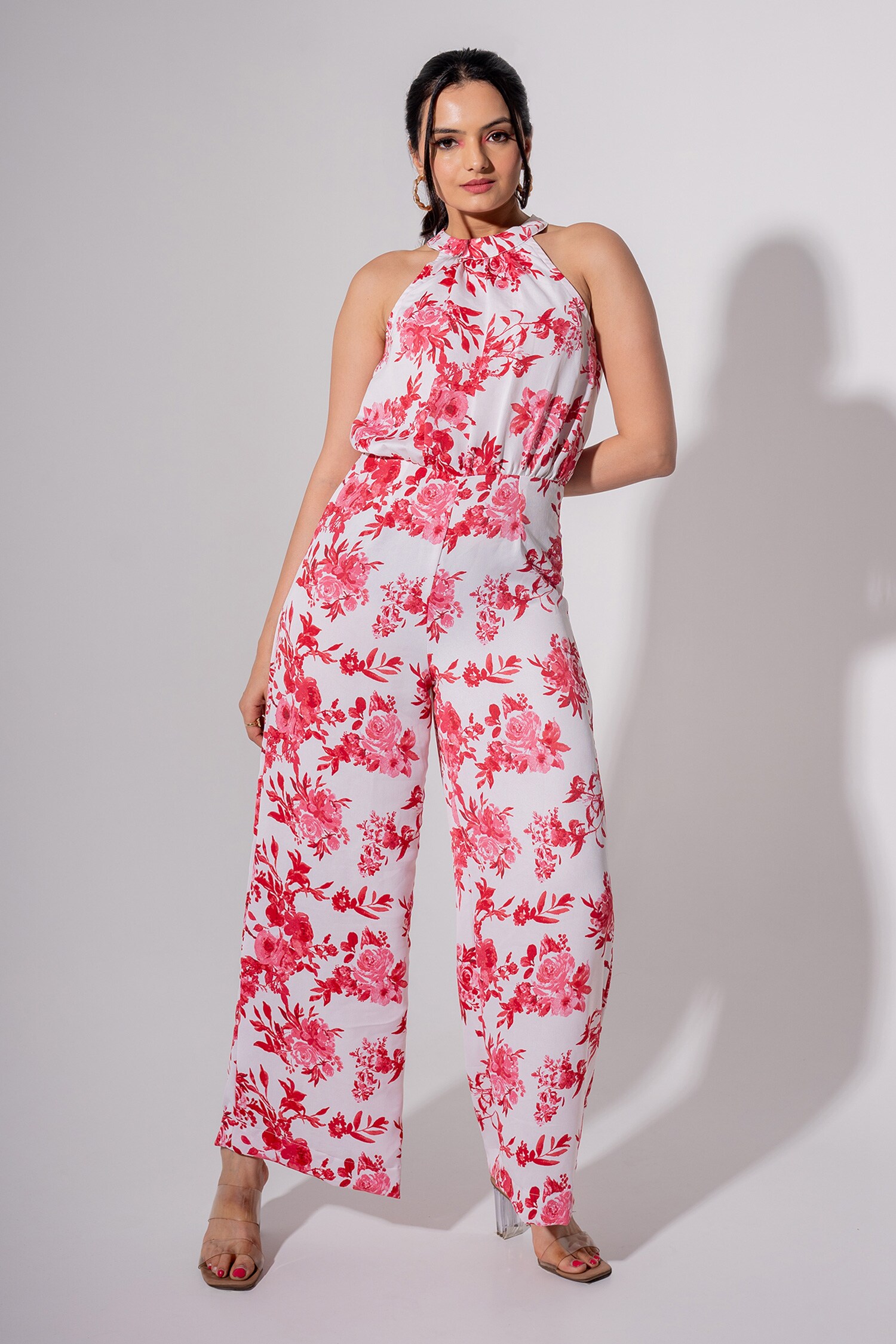 Buy White Polyester Printed Floral Halter Jumpsuit For Women by saangi ...