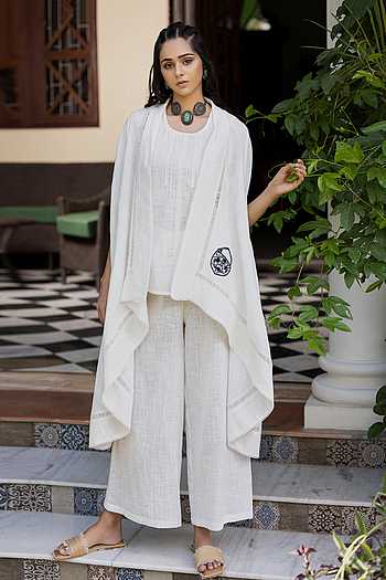 Buy White Cotton Embroidered Lock Kurta Round Shrug And Palazzo Co-ord ...