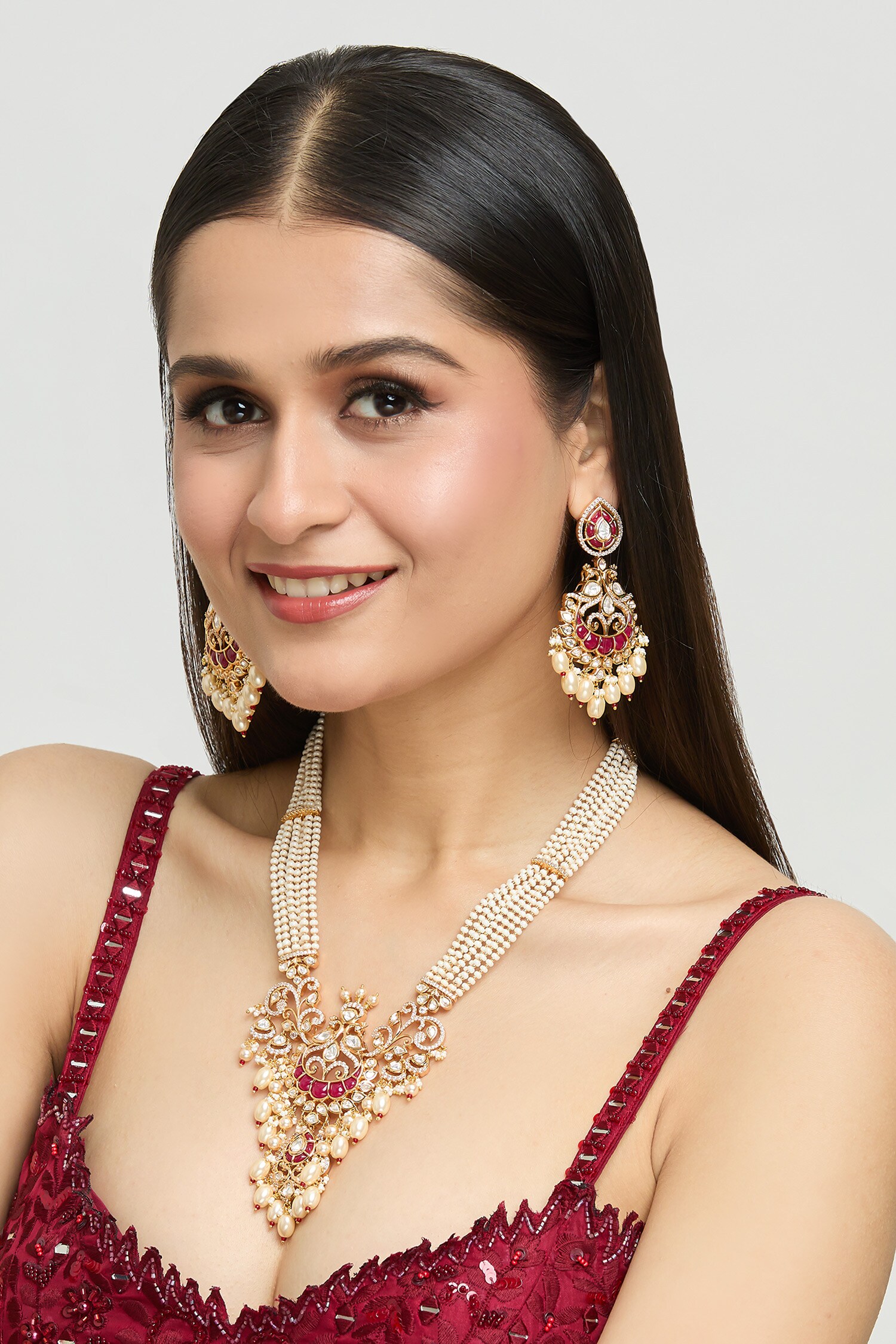 Buy Gold Plated Moissanite Ruby Stone Encrusted Mor Jewellery Set by Moh-Maya by Disha Khatri ...