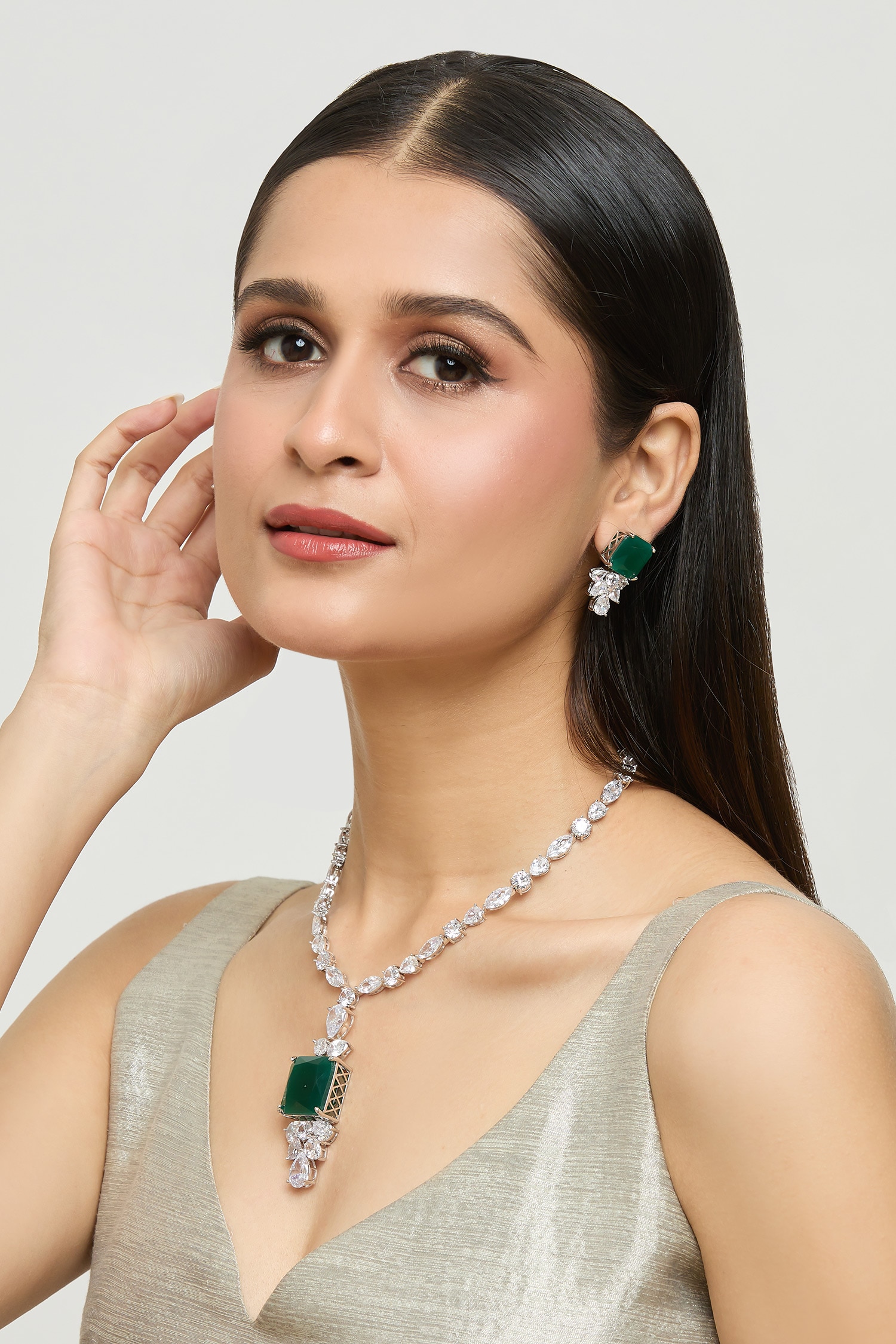 Buy Silver Plated Zircon Quad Emerald Stone Encrusted Jewellery Set by Moh-Maya by Disha Khatri ...