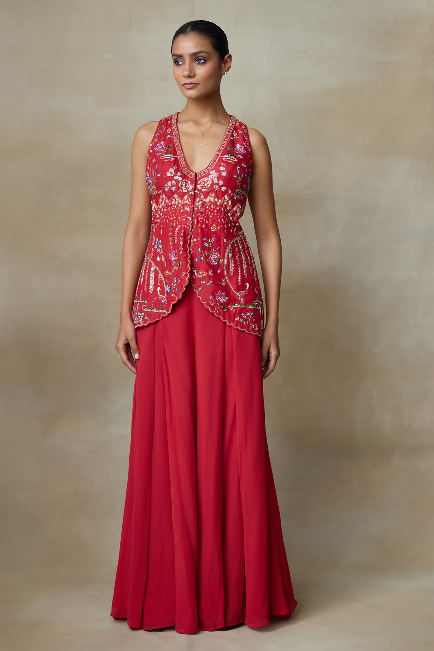 Buy Red Chamudi Silk Embroidered Resham Zari Floral Kurta With Palazzo ...