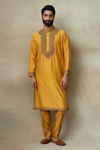 Buy Yellow Silk Embroidery Dori Resham Yoke Kurta For Men by SHASHA ...
