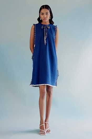 Buy Blue Denim Embellished Lace Applique Work Round Front Bow Shift ...