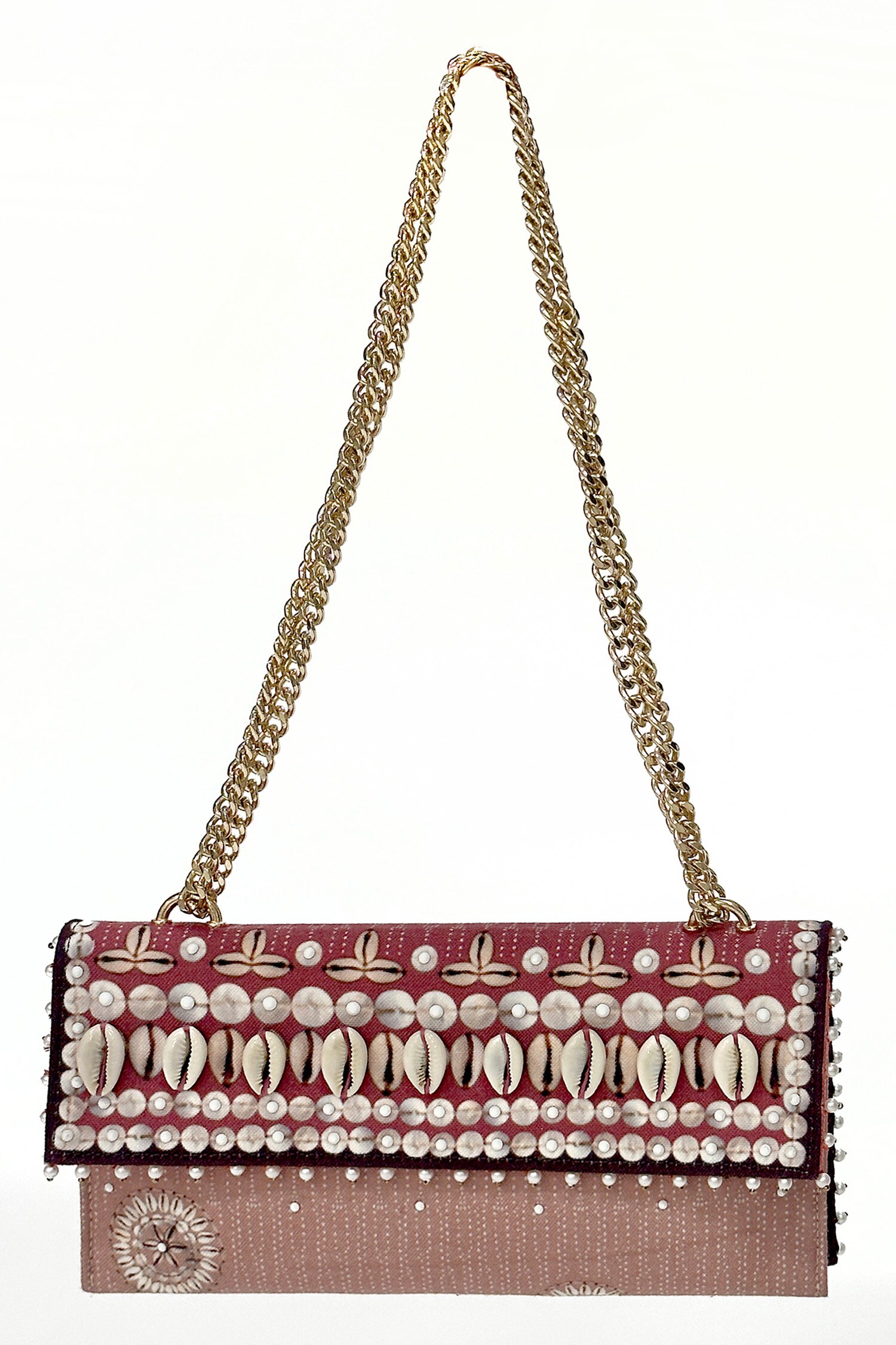 Buy Pink Cowrie Shells Aarushi Zohra Print Foldover Chain Clutch by The ...