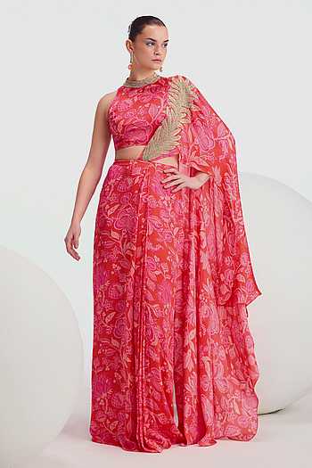 Buy Fuchsia Crepe Hand Cerelia Pattern Pre-draped Saree With Blouse For ...