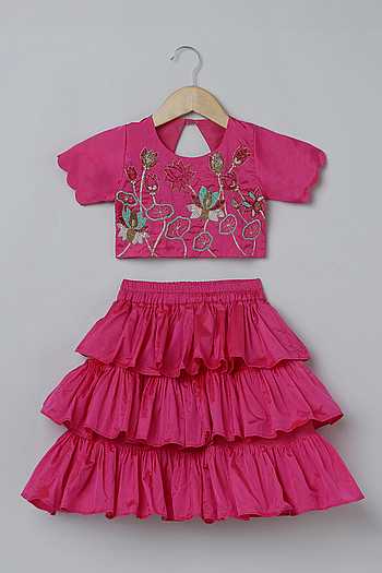 Buy Pink Bangalore Silk Embroidered Lotus Top And Layered Skirt Set For ...