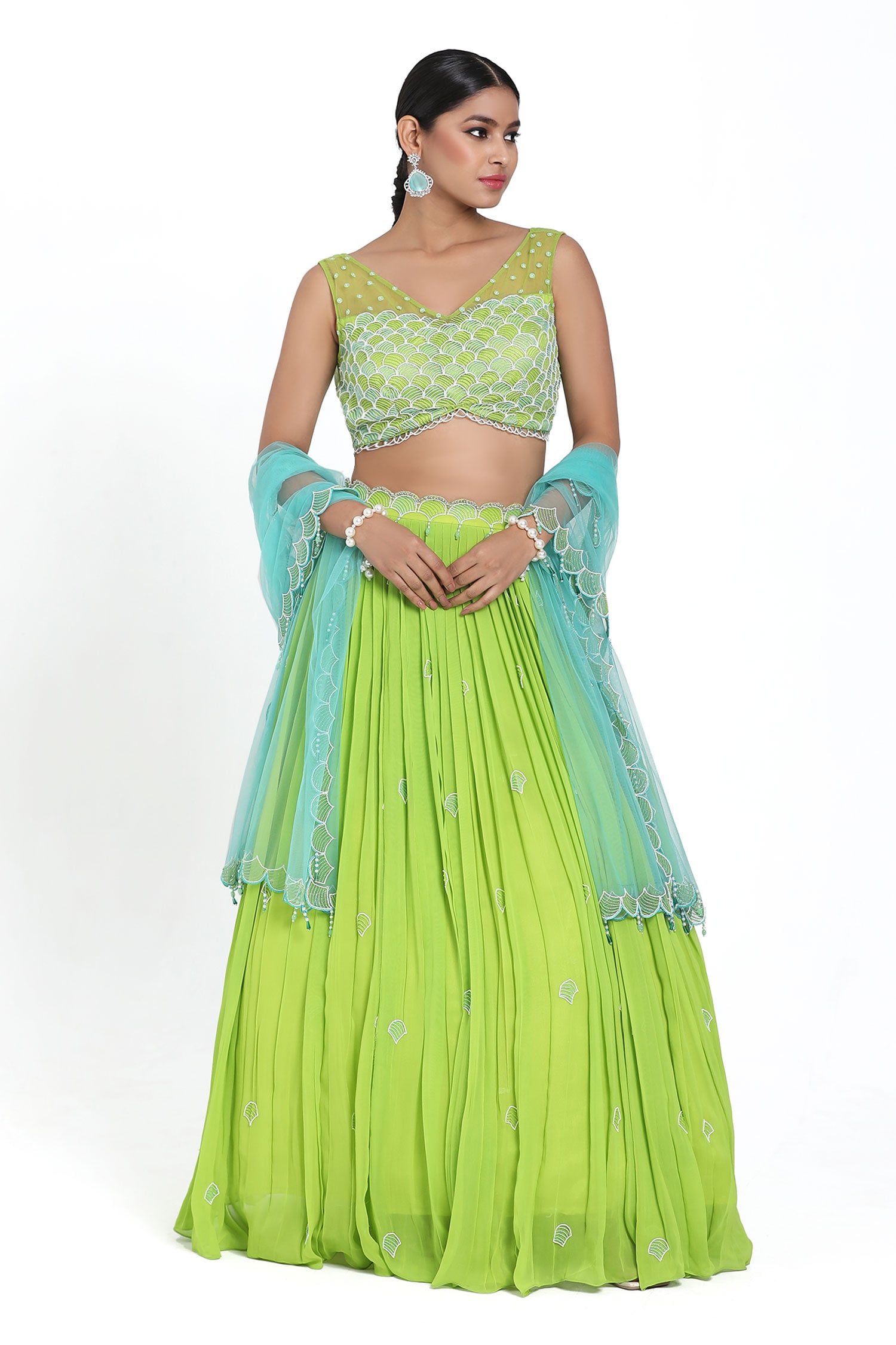 Buy Green Net Embroidered Resham V-neck Bead Petal Lehenga Set For ...