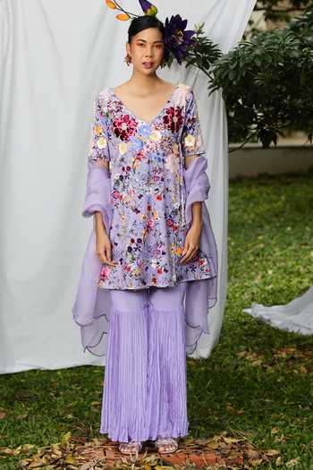 Buy Purple Angarkha Suede Printed Botanical Floral V Sharara Set For ...