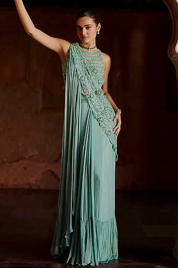 Buy Green Chiffon Embroidered Floral Azhar Pre-draped Skirt Saree Set ...