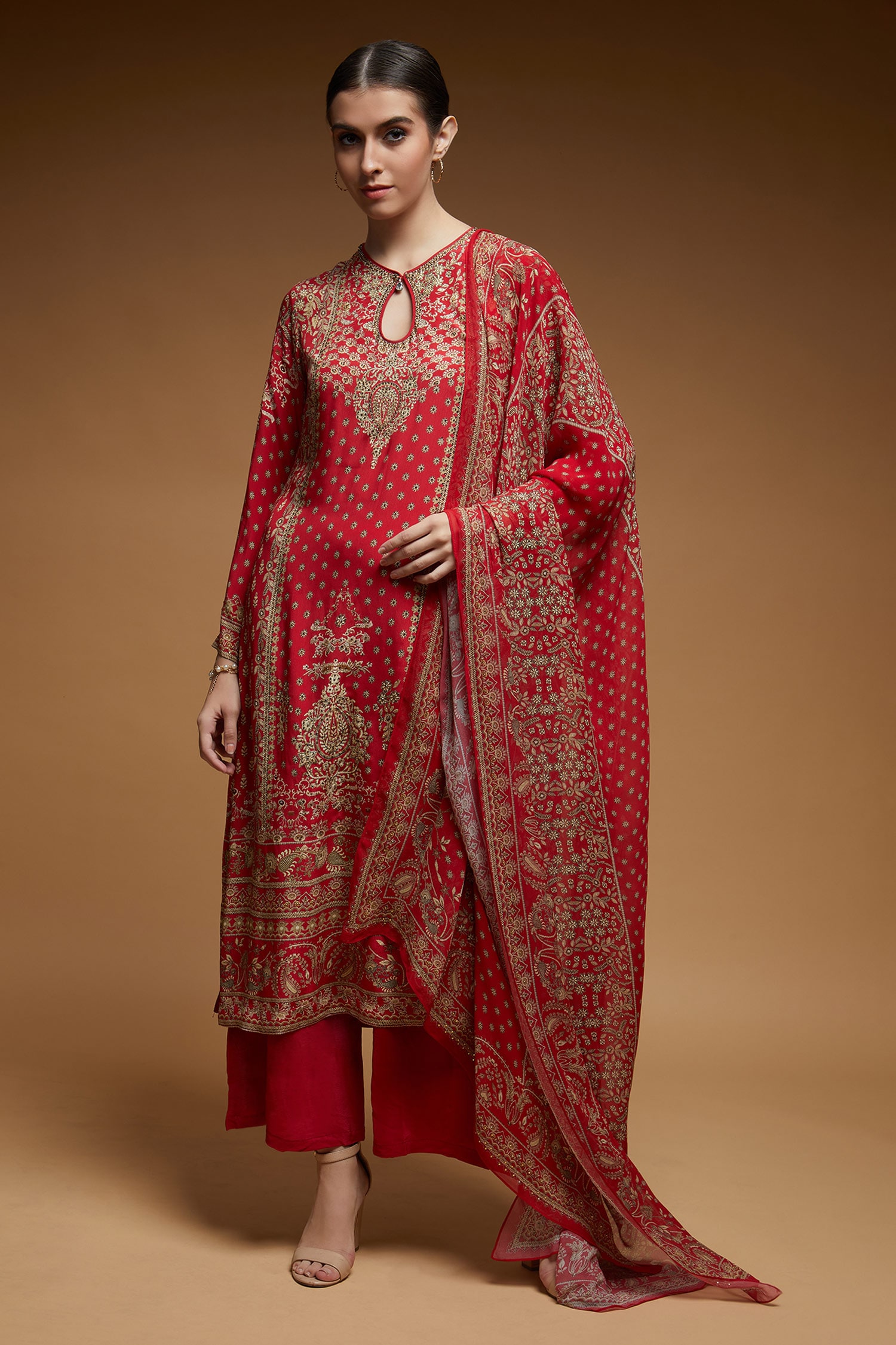 Buy Red Bemberg Crepe Print Floral Butti Keyhole Flower Kurta Pant Set ...