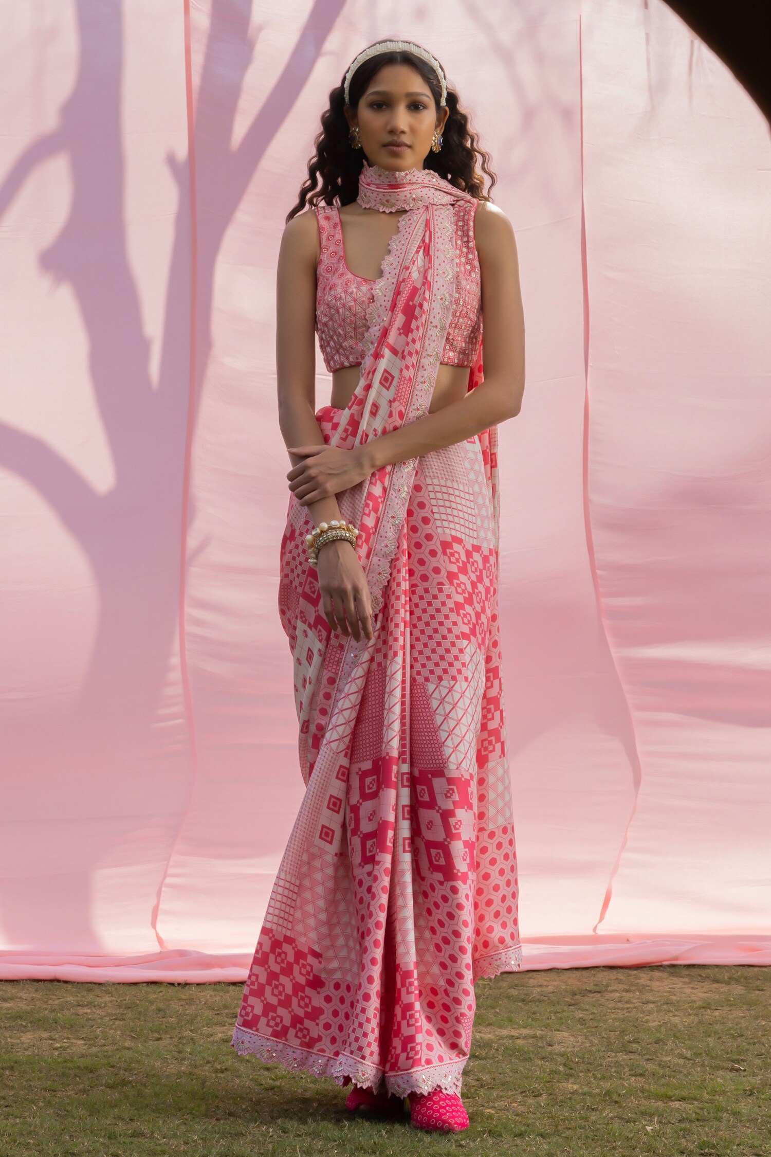 Buy Pink Satin Silk Printed Resham U Neck Saree With Embellished Blouse ...