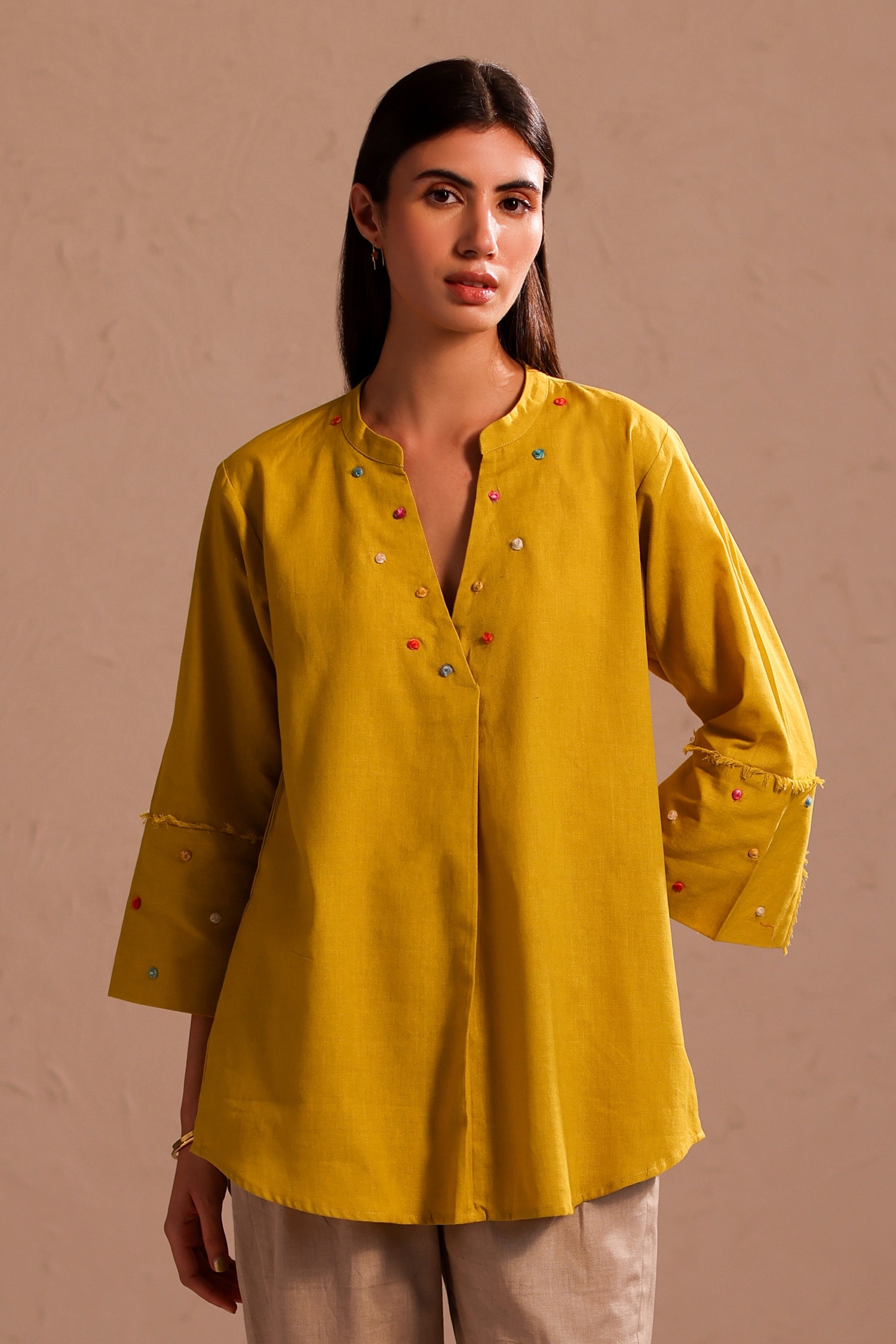 Buy Yellow Linen Embroidered Thread Work Band Notched Cora Short Tunic ...