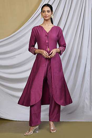 Buy Pink Viscose Threadwork V-neck Front Open Kurta With Pant For Women ...