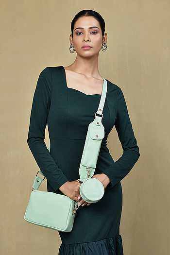 Buy Green Rectangle Shaped Plain Sling Bag by Nayaab by Aleezeh Online ...