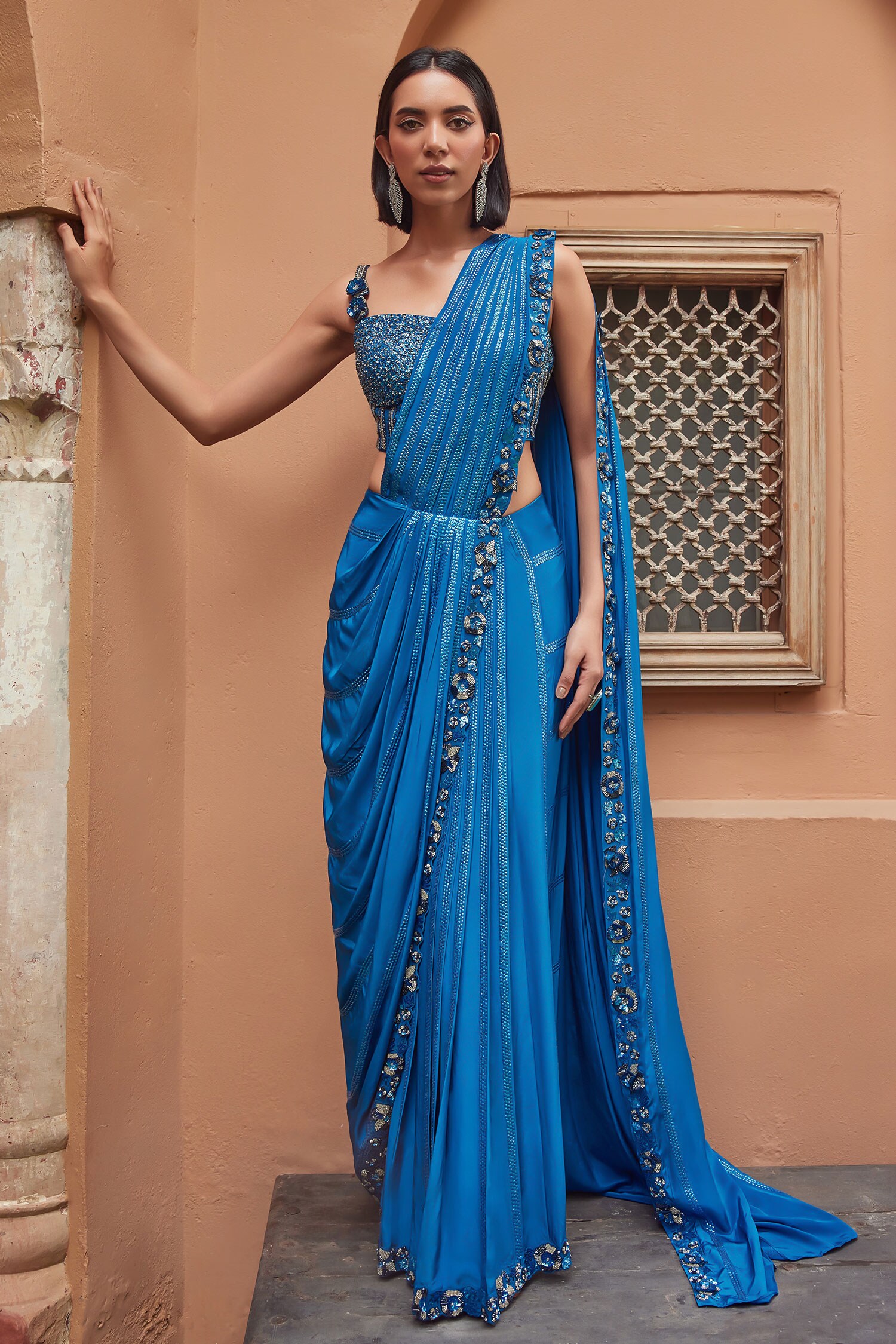 Buy Blue Saree Crepe Hand Embroidered Bugle Beads Pre-draped With ...