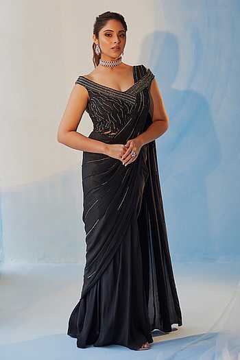 Buy Black Mesh Hand Embroidered Sequins Off Shoulder Saree Gown For ...