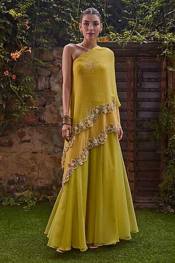 Buy Green Cape Georgette Hand Embroidered Floral One Shoulder Skirt Set ...