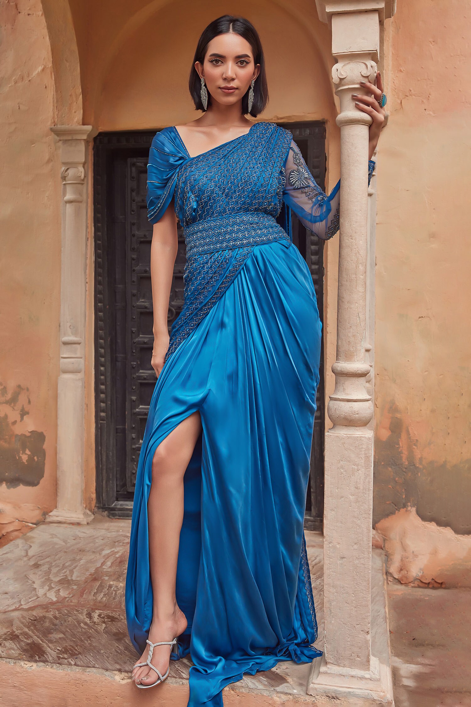 Buy Blue Bodice Mesh Embellished Bugle Beads Asymmetric Saree Gown For ...