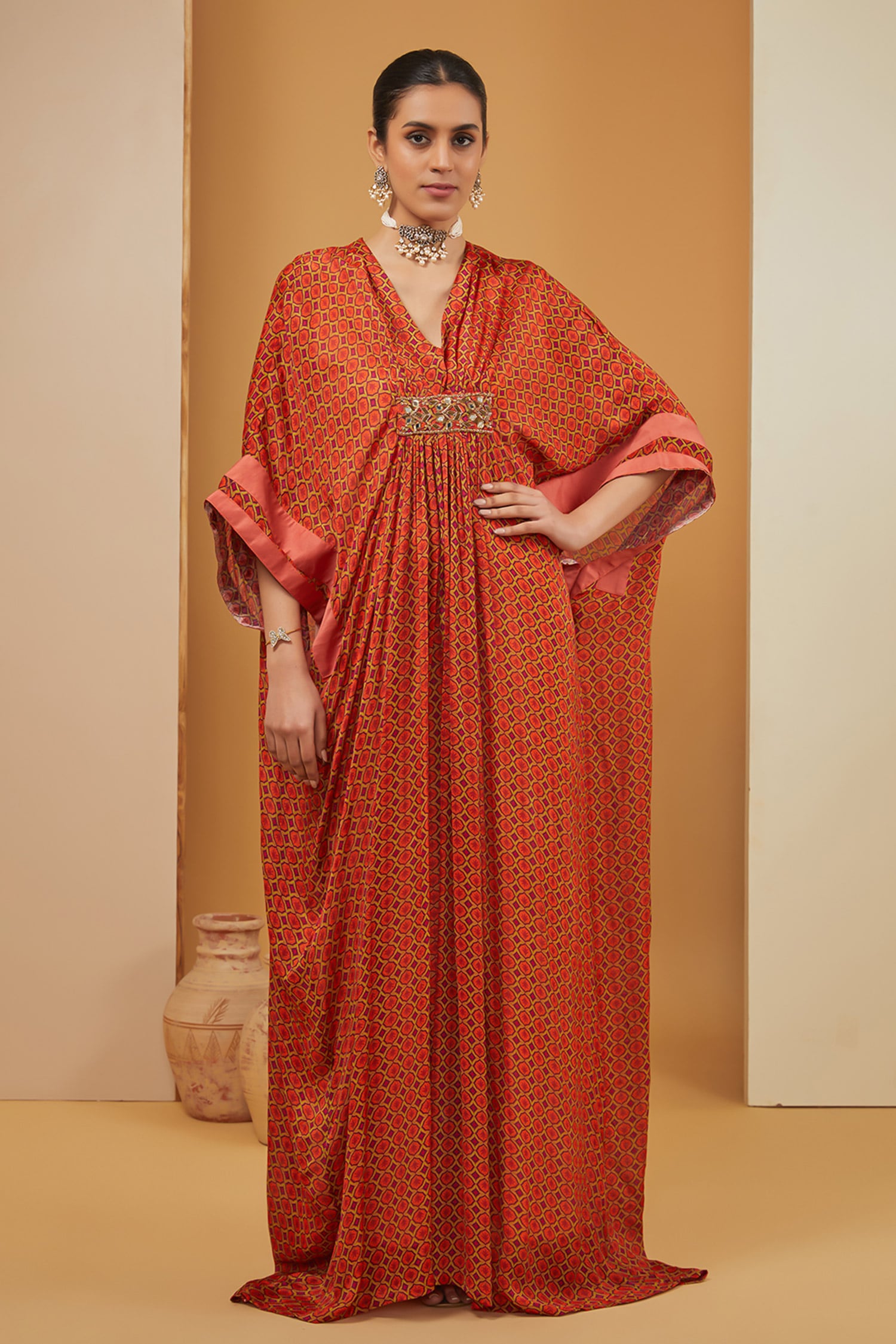 Buy Orange Viscose Chinon Print Geometric Jaal V Neck Kaftan For Women ...