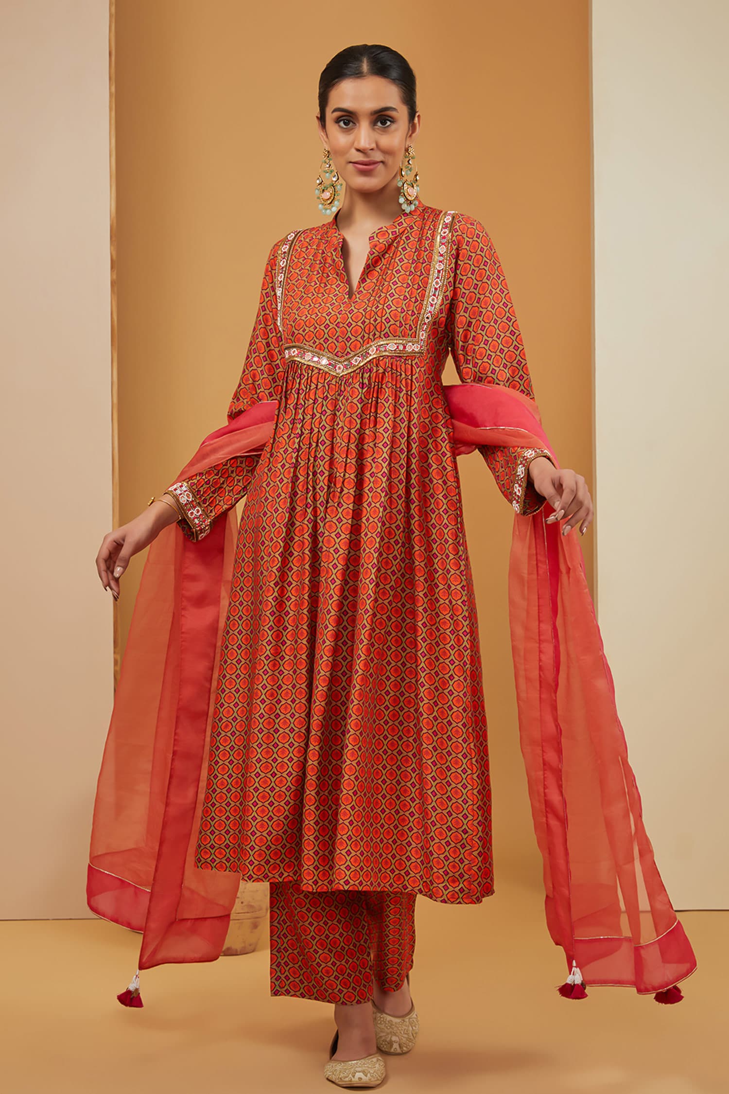 Buy Orange Chanderi Silk Print Geometric Jaal Notched Neck Kurta Pant ...