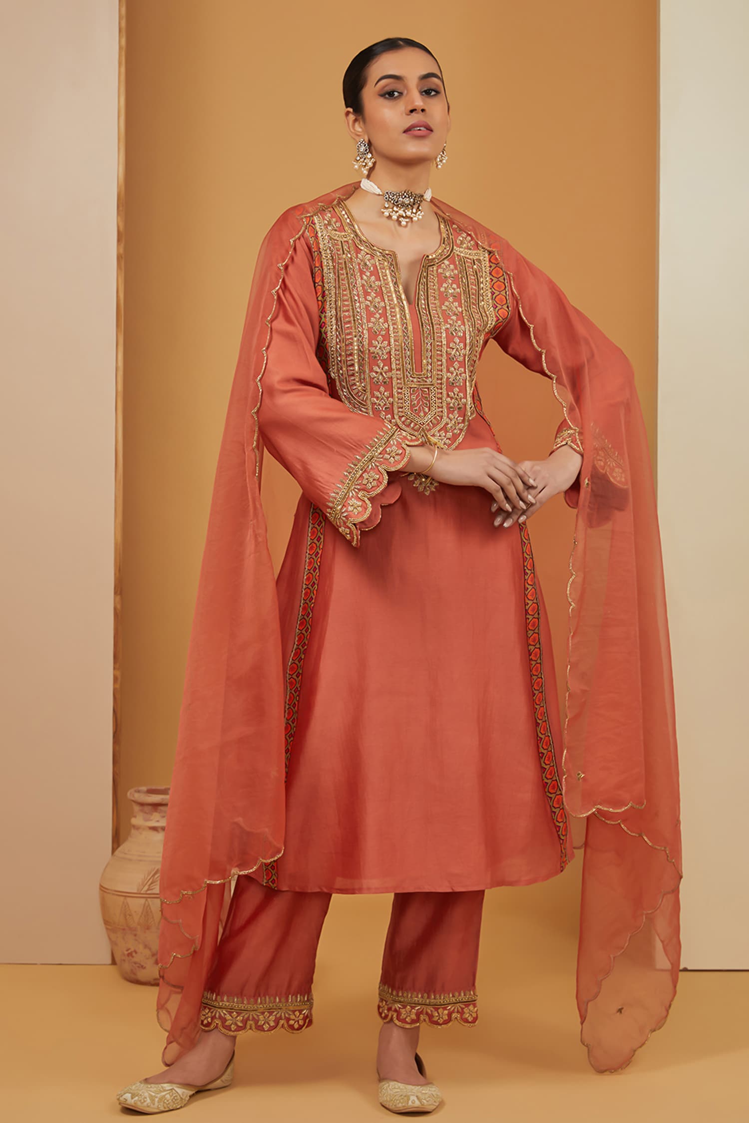 Buy Orange Chanderi Silk Embroidery Floral Notched Bodice Kurta Pant ...