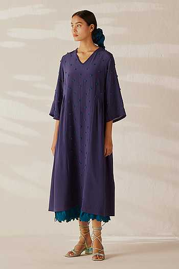 Buy Purple Silk Crepe Embroidered Thread Peer Cluster Layered Dress For ...