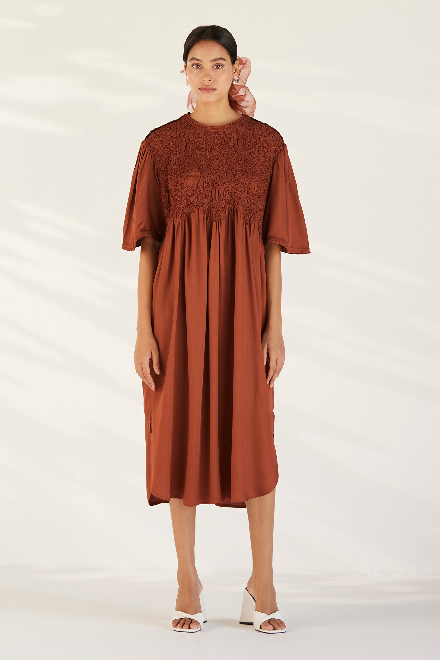 Buy Brown Cotton Satin Smocking Round Feather Smocked Bodice Dress For ...