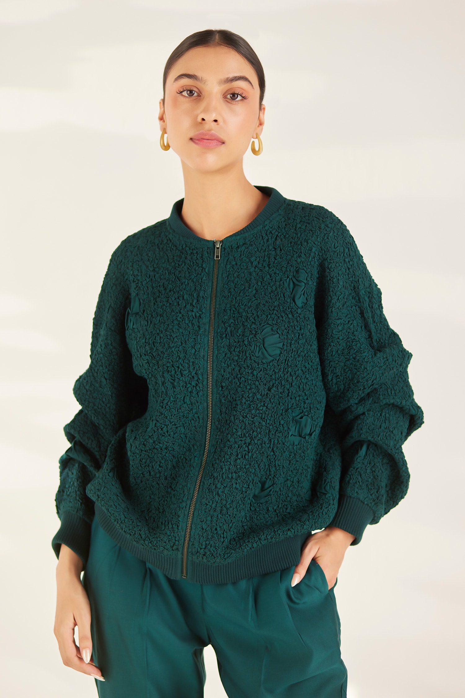 Buy Green Cotton Silk Smocking Round Collar Lana Smocked Bomber Jacket ...
