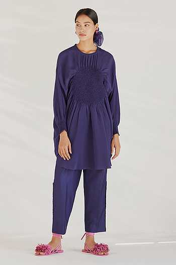 Buy Purple Satin Silk Chanderi Pleated Luna Side Pant For Women by Ilk ...