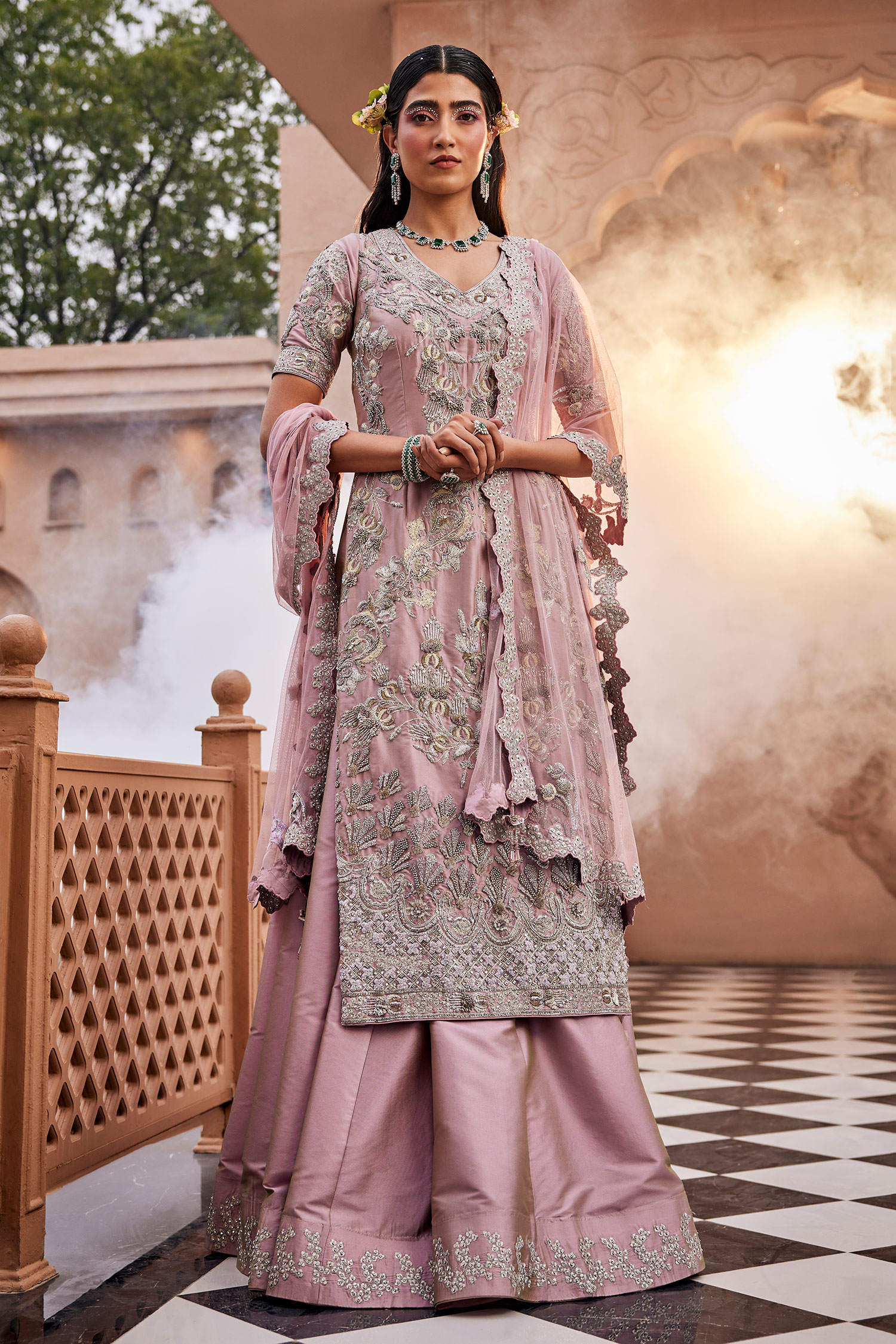 Buy Pink Taffeta Silk Tulle Embroidered Sequins Floral Kurta Lehenga