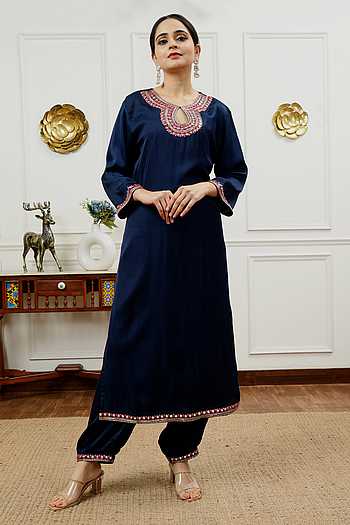 Buy Blue Silk Embellished Mirrorwork Teardrop Border Kurta With Pant ...