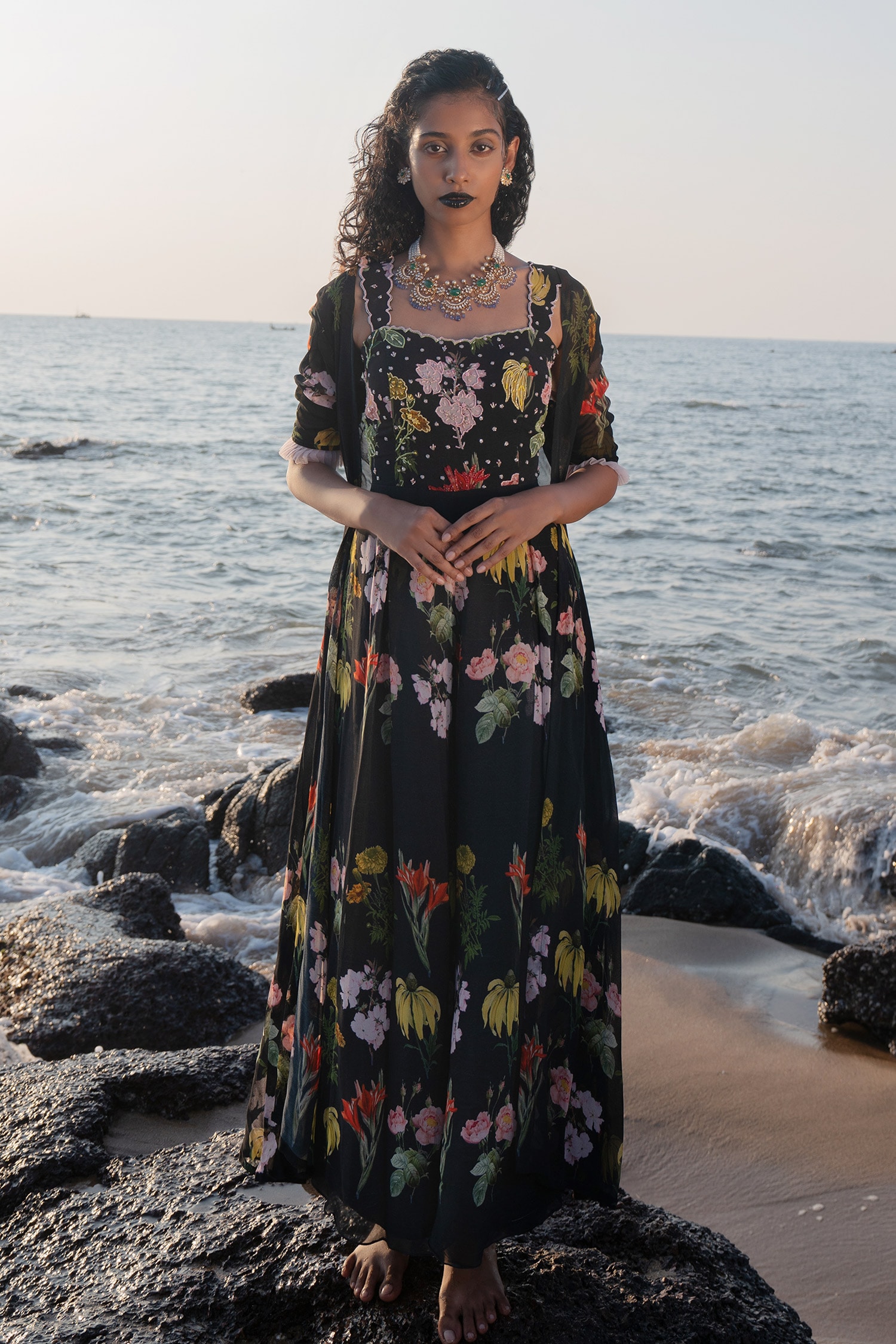 Buy Black Viscose Georgette Hand Embroidery Sequin Guldasta With Jacket ...