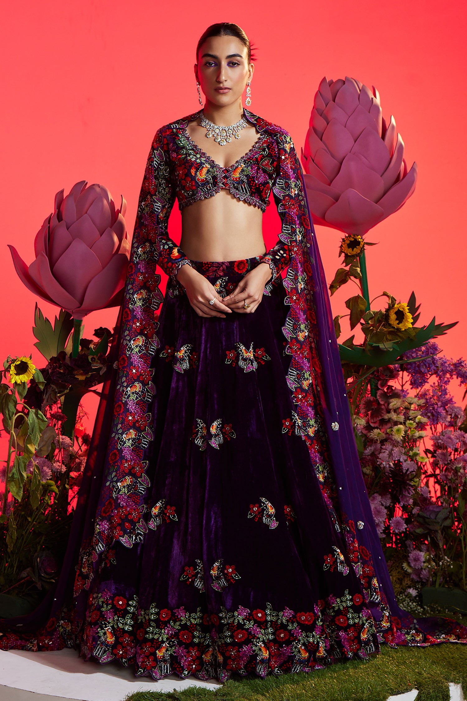 Buy Wine Velvet Embroidered Zari V Neck Floral Bird Motif Lehenga Set ...