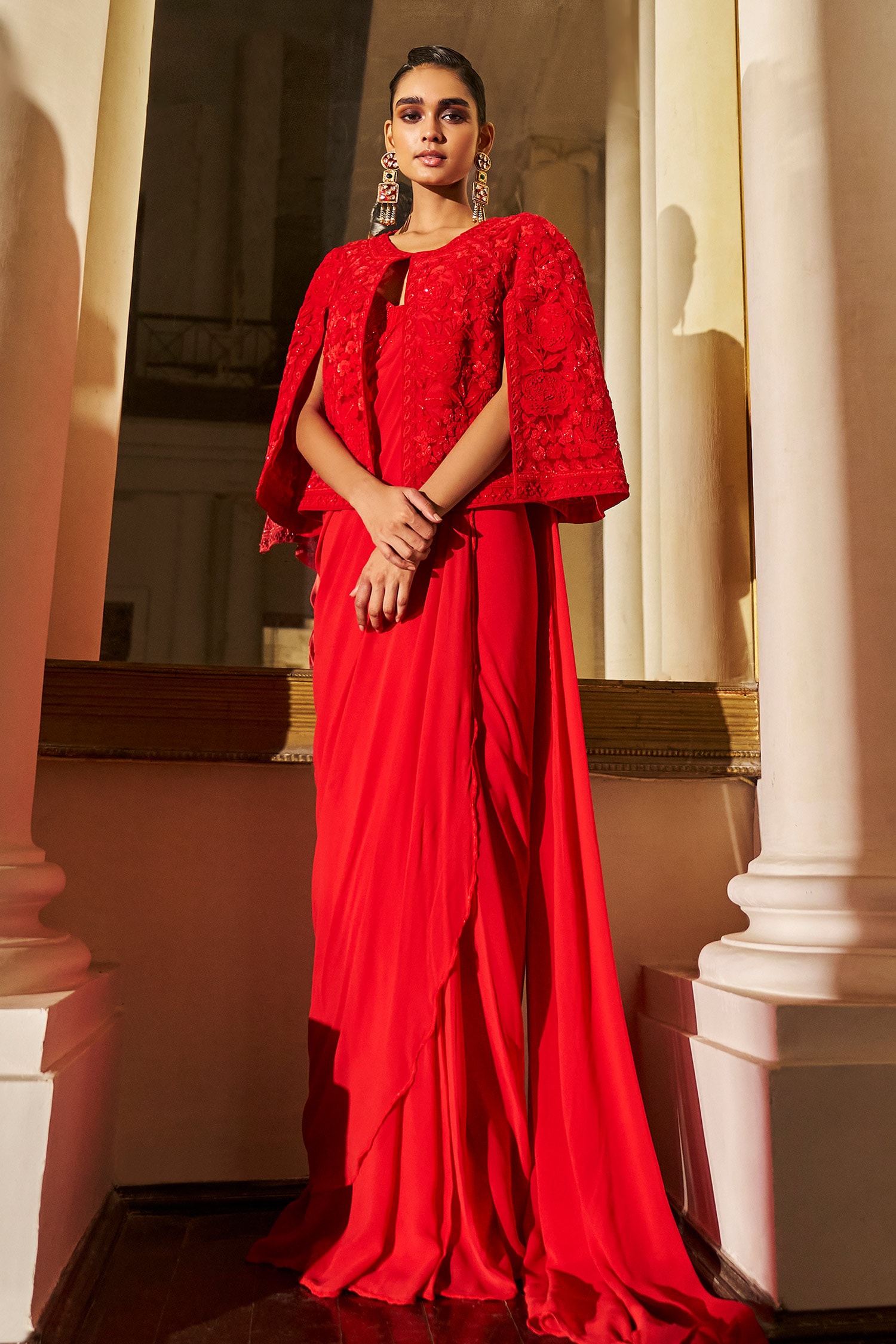 Buy Red Saree Crepe Georgette Embellished The Xv Mir Pre-draped With ...