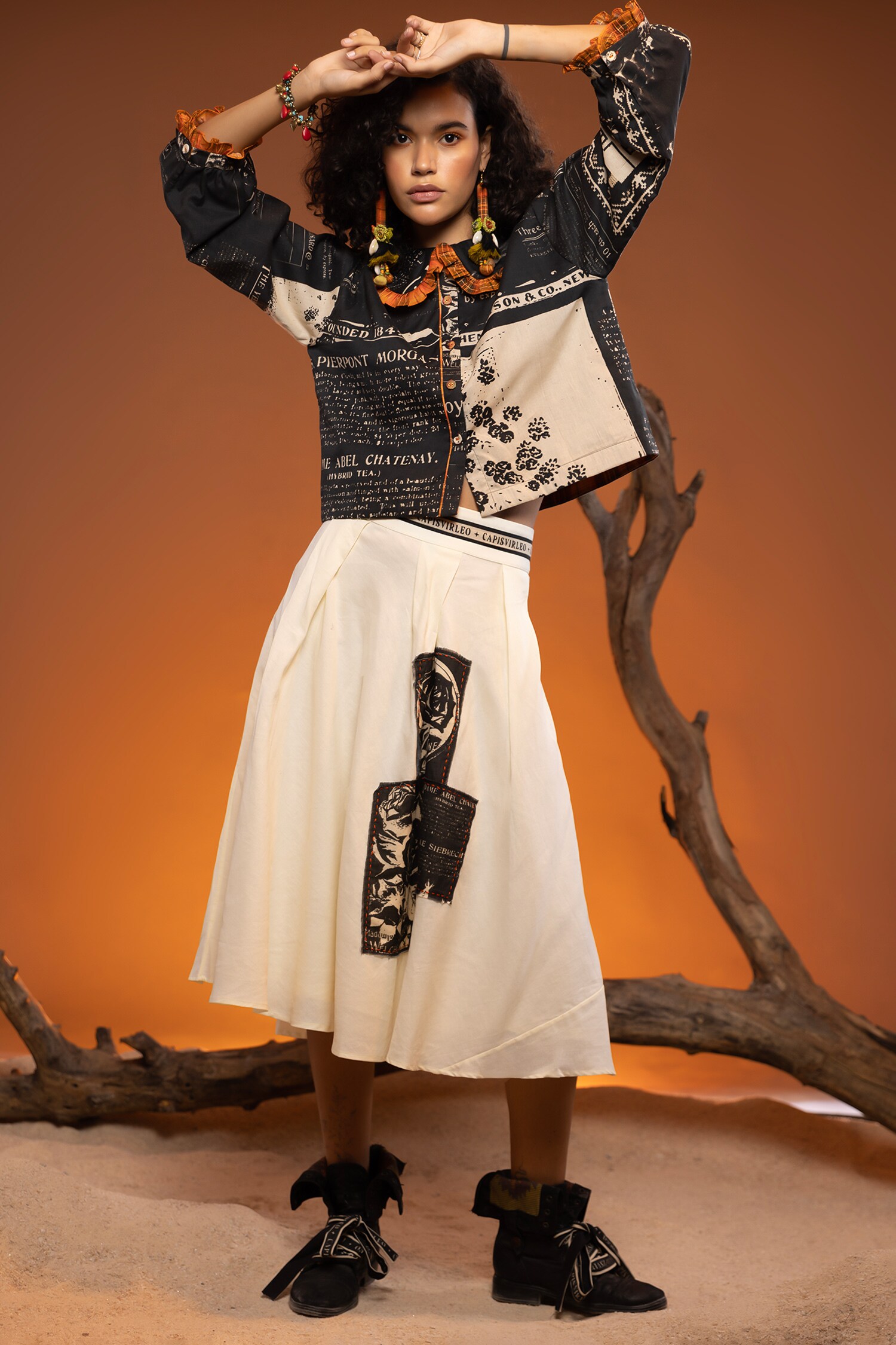 Buy Ivory Cotton Patchwork Embroidered Floral Maple Skirt For Women by ...