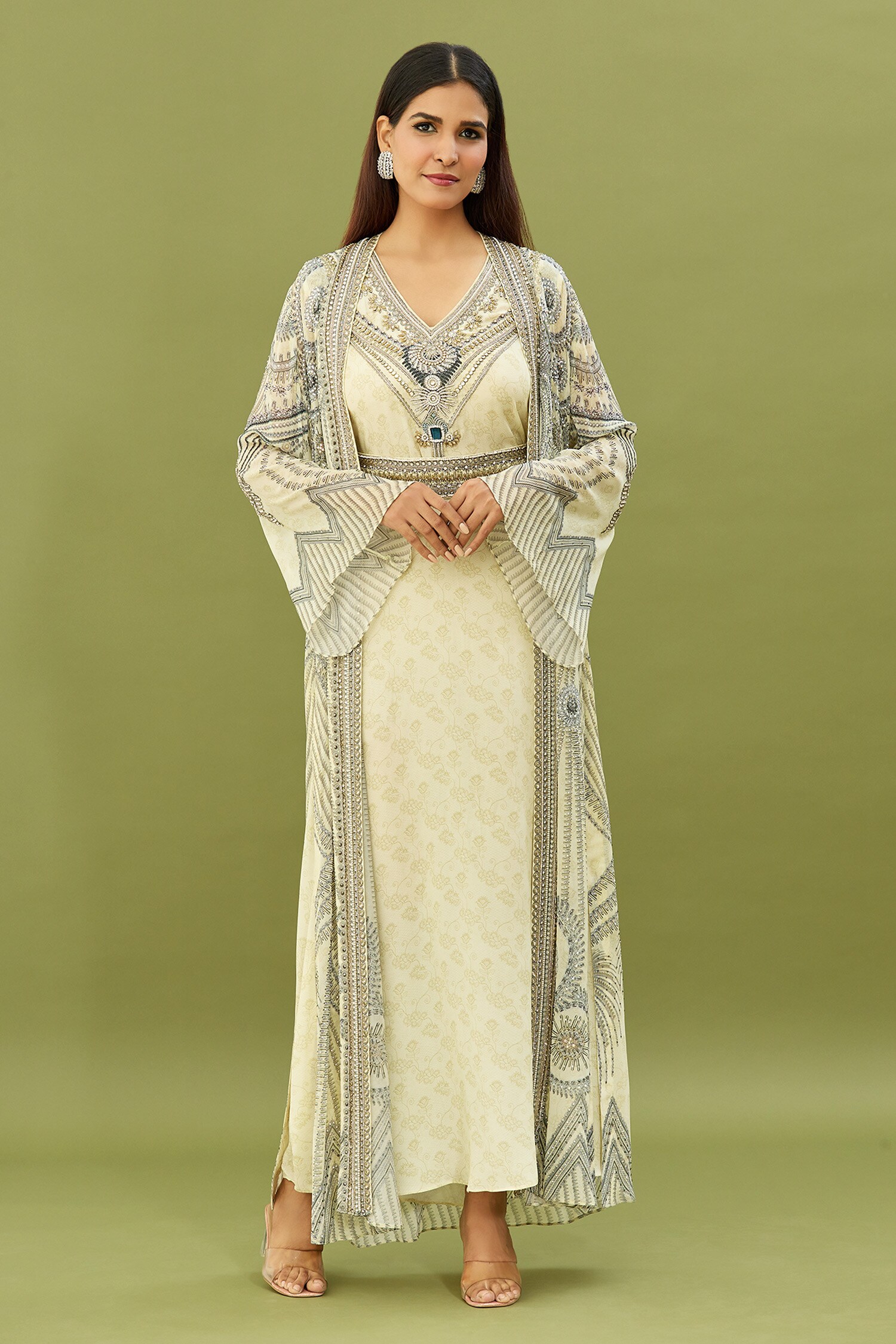 Buy Ivory Vis Crepe Embroidered Rhinestone Jacket Embellished Kaftan ...