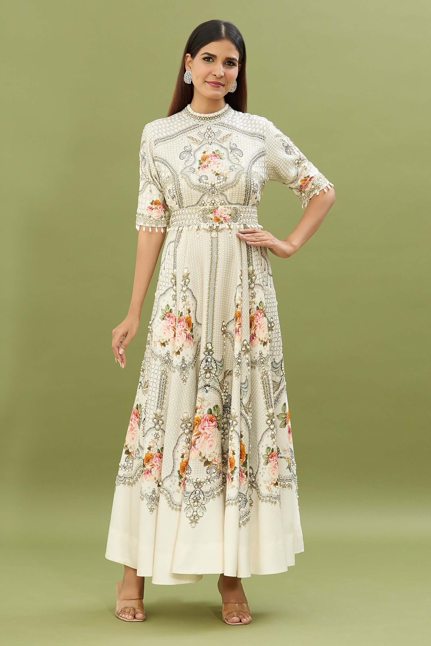 Buy Ivory Vis Satin Embroidered Rhinestone Round Blossom Print Kaftan ...